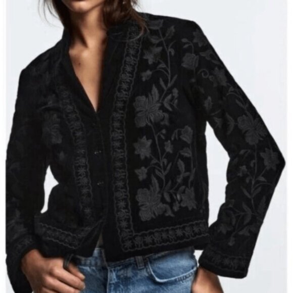Zara | Jackets & Coats | Zara Velvet Jacket Black Floral Embroidered ...